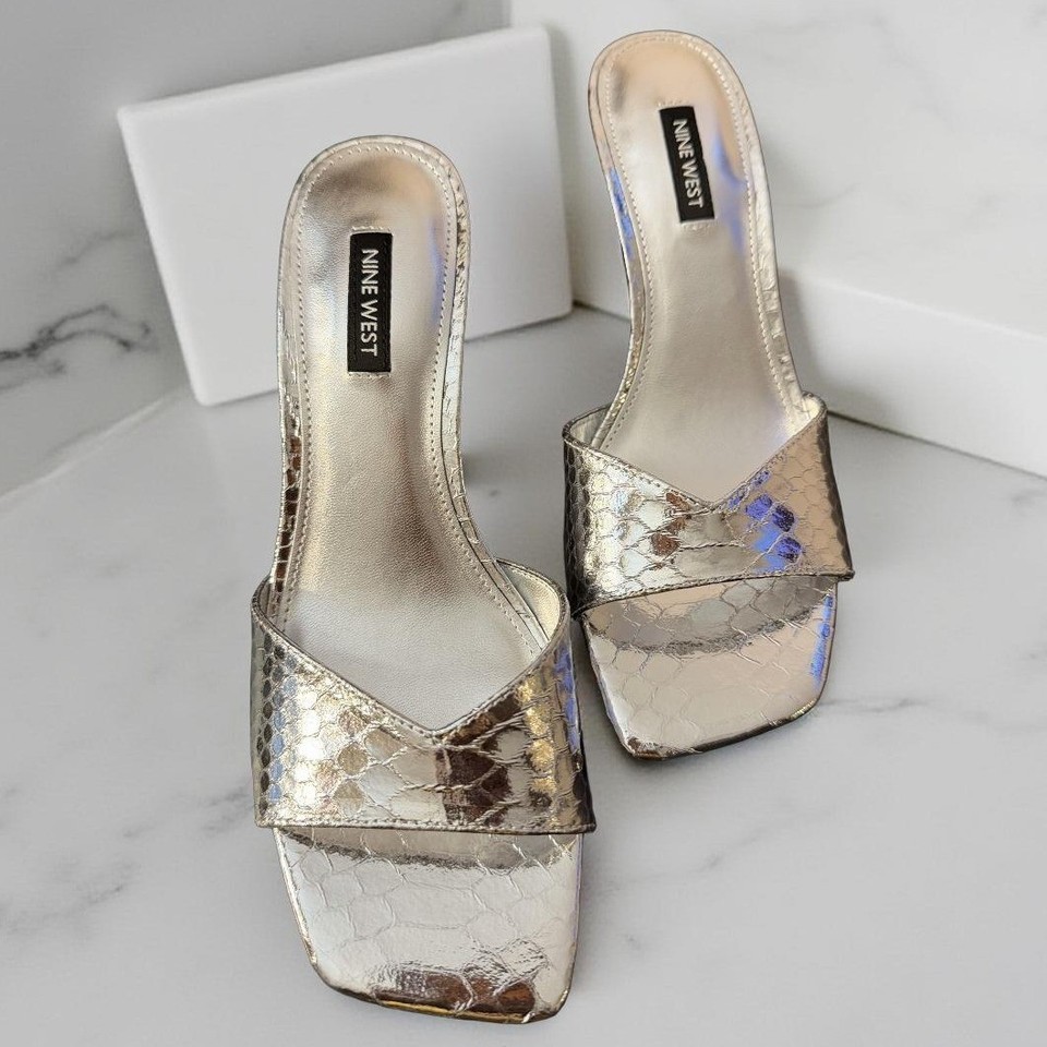 Nine West Silver Metallic Snake Embossed Square Toe Mules Women's 7.5M | eBay