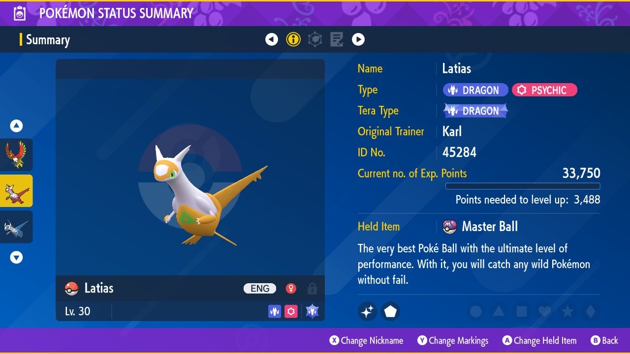 Shiny Latias 6IV Lv. 30 Timid Nature Legendary Pokemon Home Scarlet ...