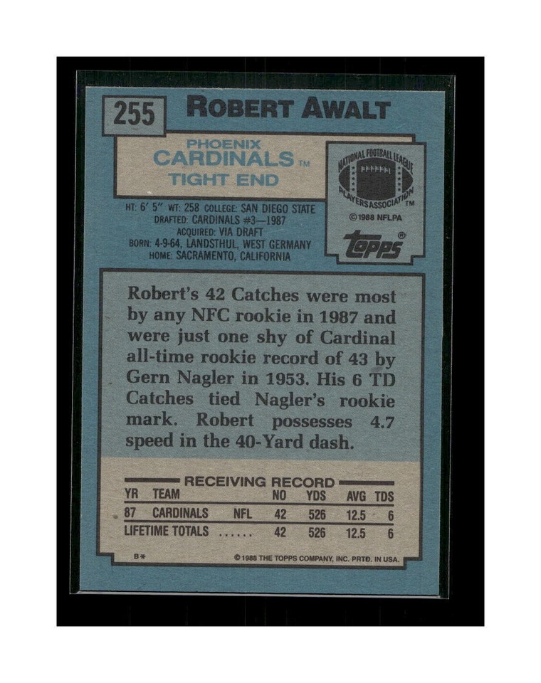 1988 Topps Robert Awalt Rookie Phoenix Cardinals #255 FOOTBALL RC | eBay