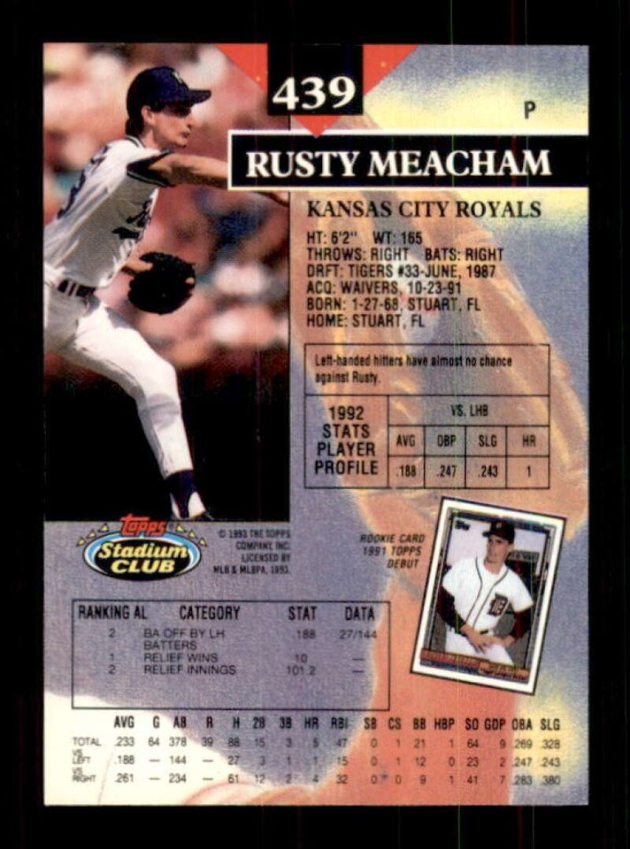 1993 Topps Stadium Club #439 Rusty Meacham AUTOGRAPHED!! Royals 240124 ...