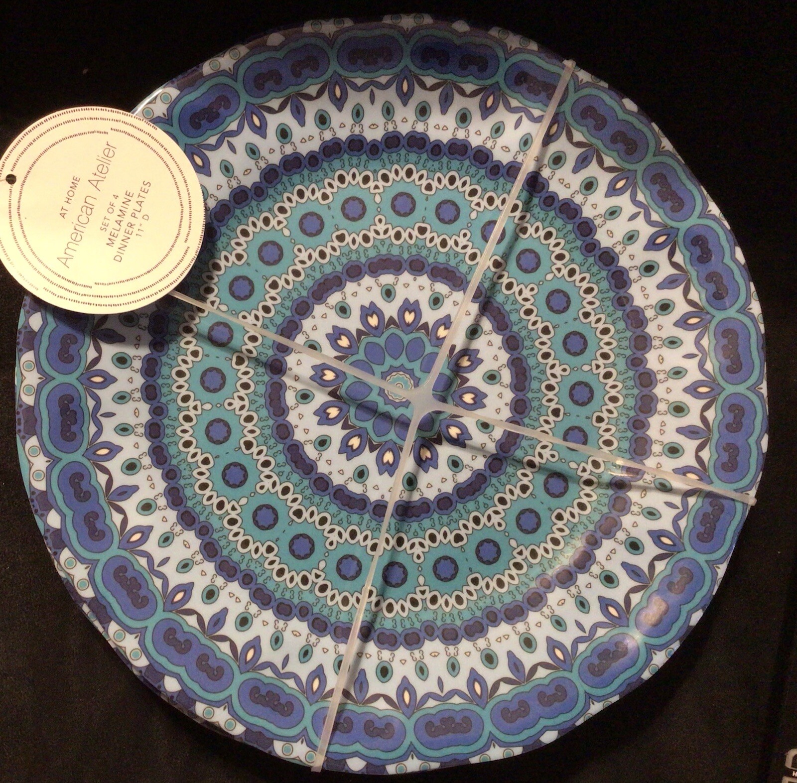 American Atelier Blue Teal Pattern 11” Dinner Plates Melamine New Set ...