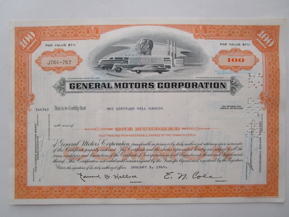 LAST ONE! Vtg 1969 GM GENERAL MOTORS Stock Certificate. 1960s | eBay