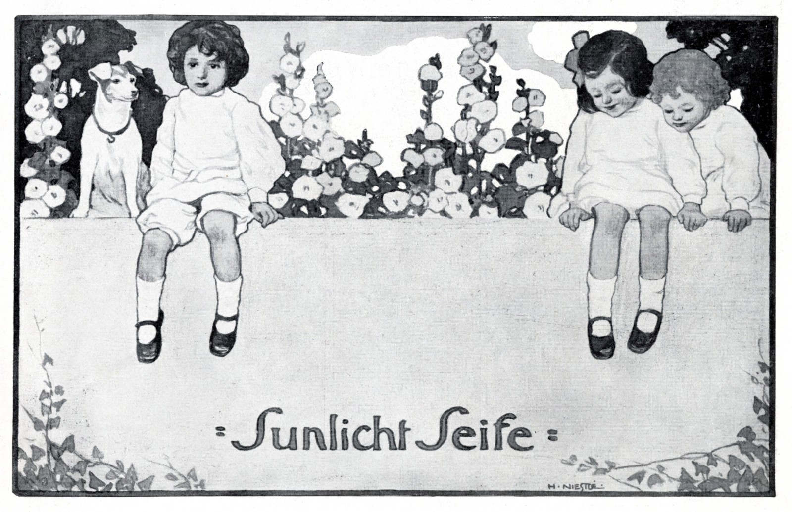Sunlight soap German 1909 ad girls children sitting on wall dog ...
