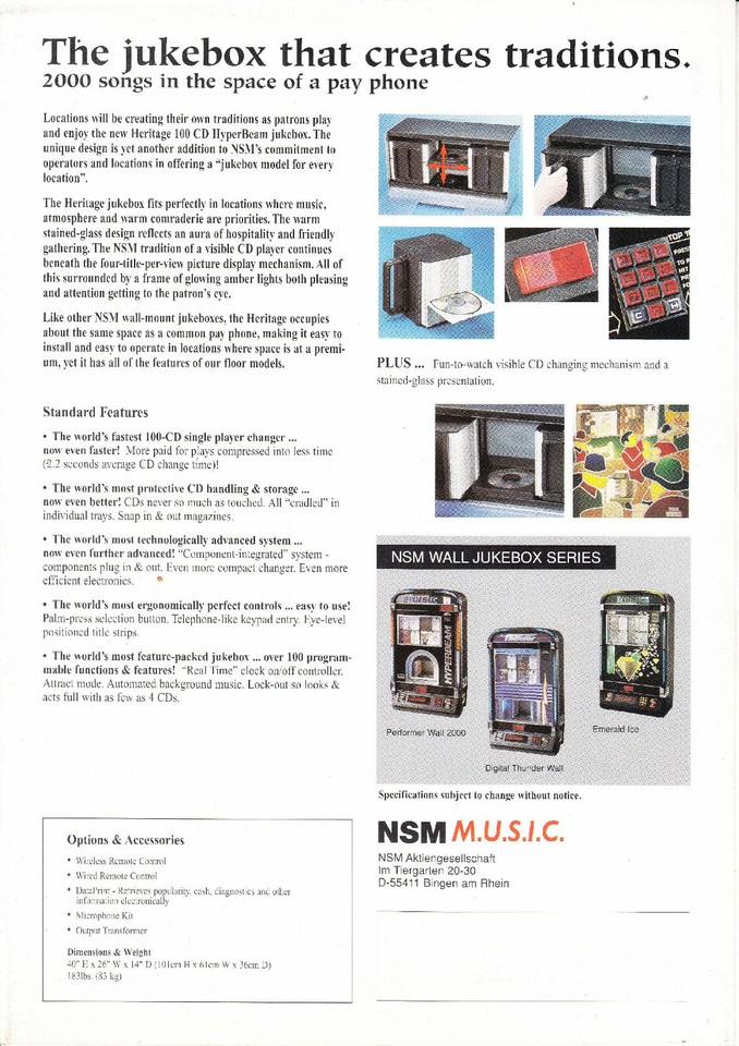 N.S.M. NSM Heritage Wall 1995 CD juke box jukebox Flyer Brochure BRAND ...
