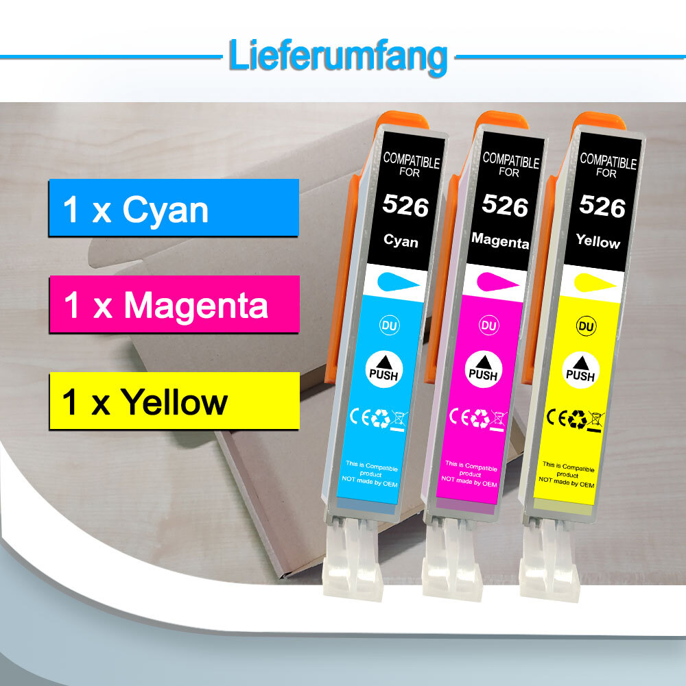 3 Patronen für CLI 526 farbig Canon Pixma ip4800 ip4850 MG5250 MG5350 ...