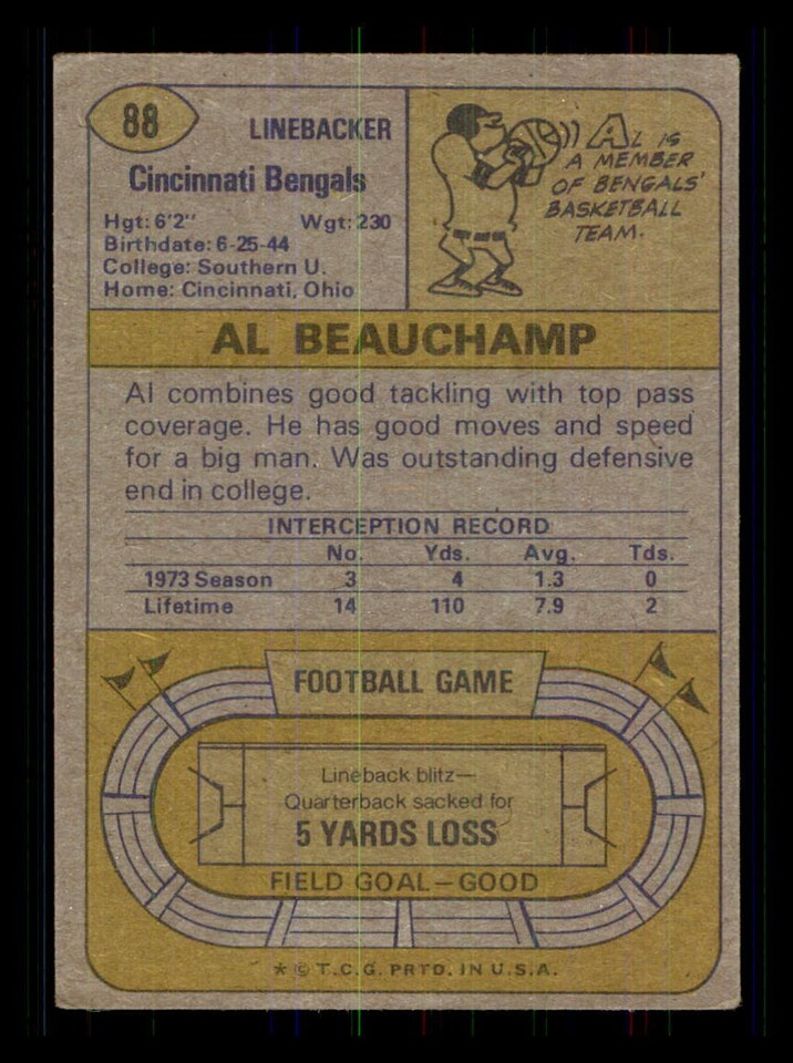 1974 Football Topps Al Beauchamp Cincinnati Bengals #88 | eBay