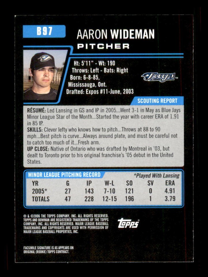 2006 Baseball Bowman Aaron Wideman Toronto Blue Jays #B97 1 | eBay