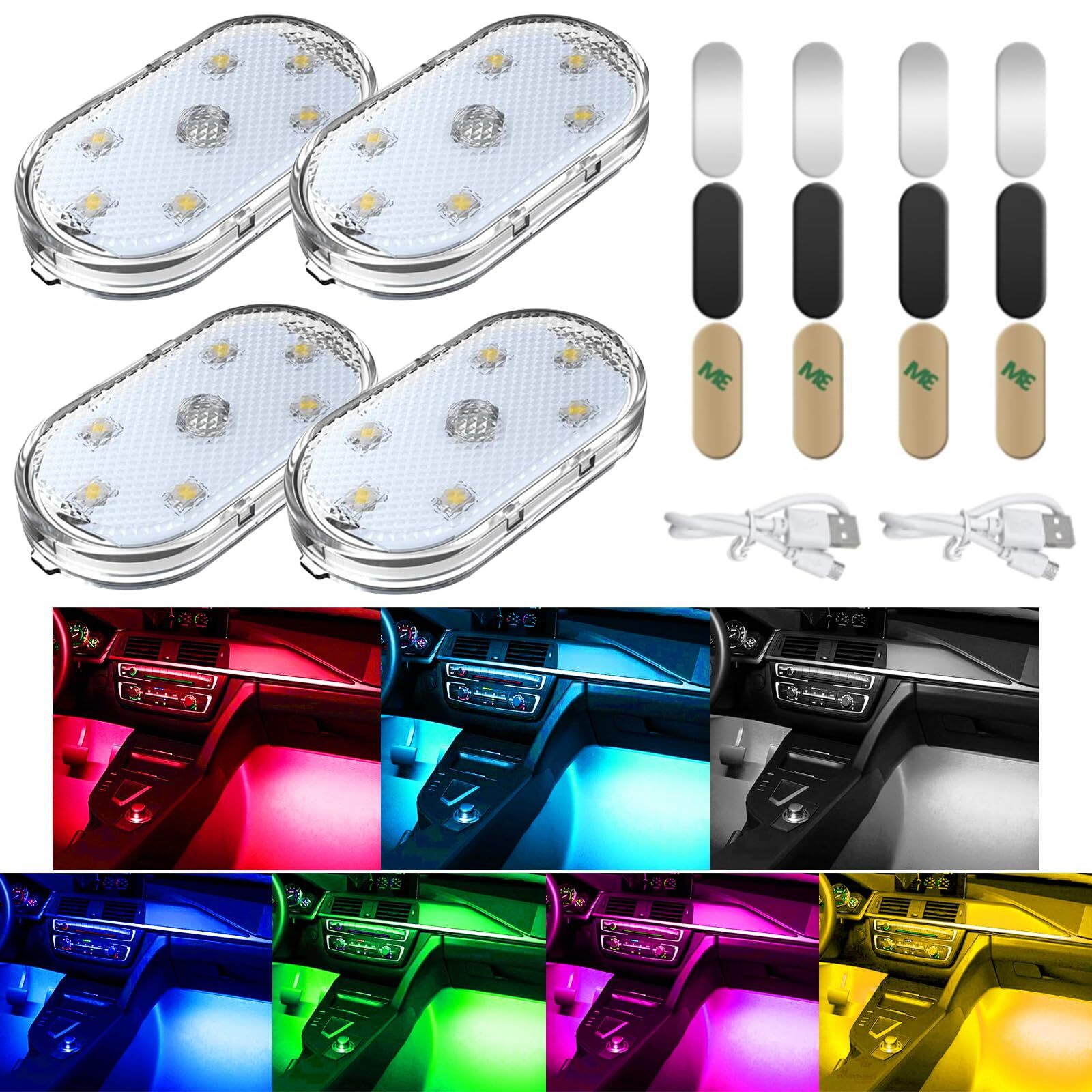 4 PCS Car LED Lights for Car Interior 7 Colors Magnetic USB Wireless ...