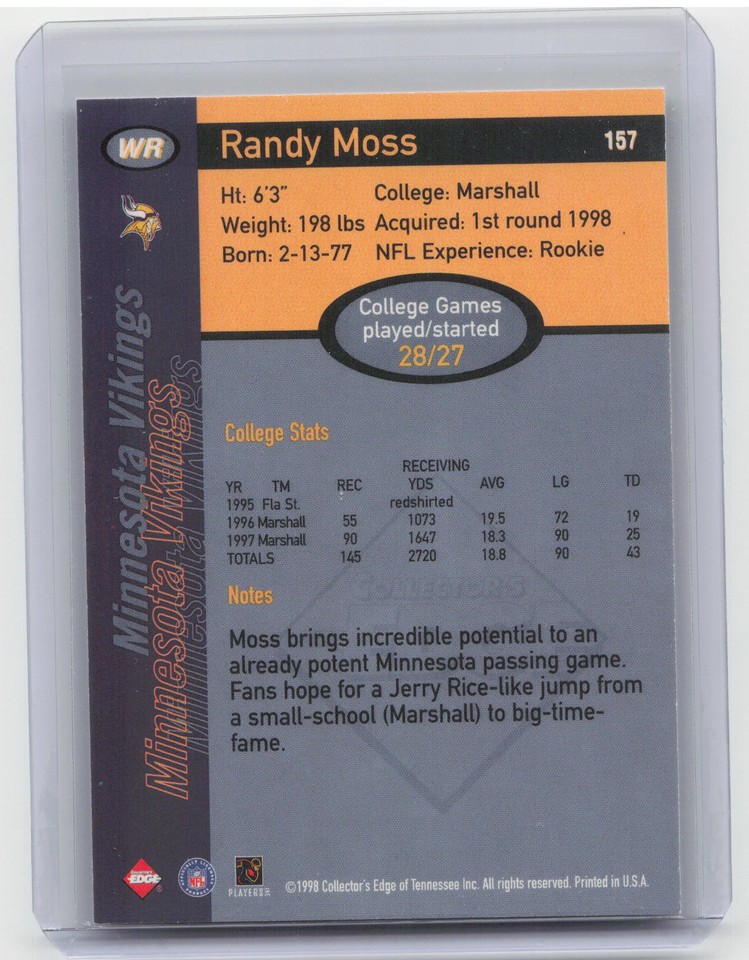 1998 Collector's Edge First Place #157 Randy Moss Record Setters | eBay