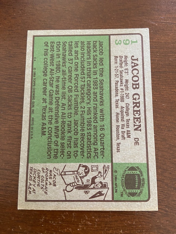 1984 Topps Football #193 Jacob Green Autographed Seattle Seahawks ...