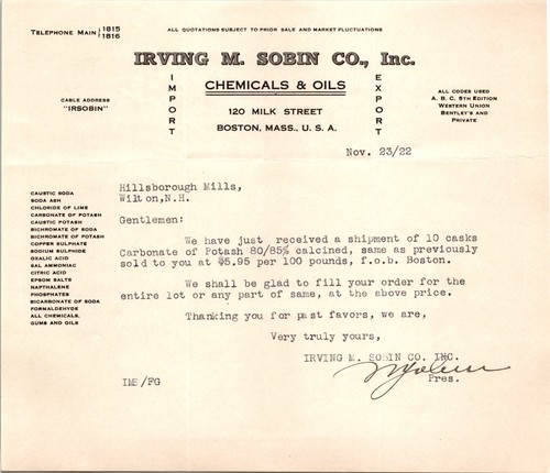 Irving M Sobin Co Boston MA 1922 Letterhead Chemicals & Oils | eBay