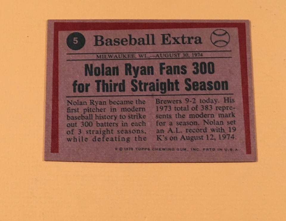 1975 Topps #5 Nolan Ryan '74 Highlights "Ryan Fans 300 3rd Year in Row ...
