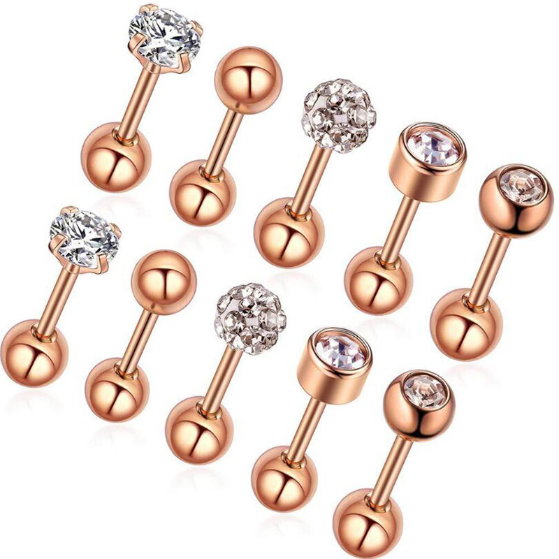 10Pcs 18G Crystal Stud Earrings Barbell Nose Ear Cartilage Body ...