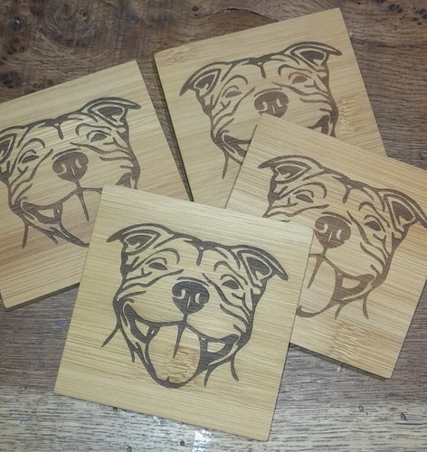 4 X UNIQUE,ENGRAVED STAFFORDSHIRE BULL TERRIER,STAFFY. BAMBOO DRINKS ...