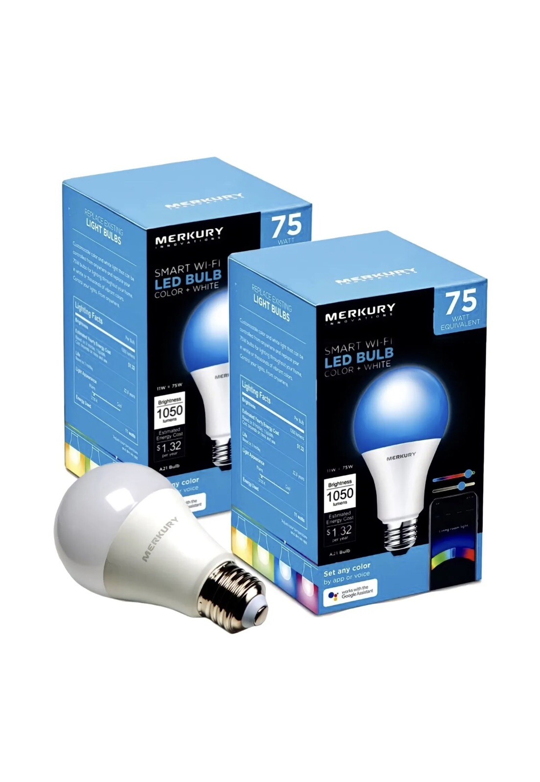 Pack of 2 Smart Light Bulb Multicolor, 75W, A2, Merkury Innovations | eBay