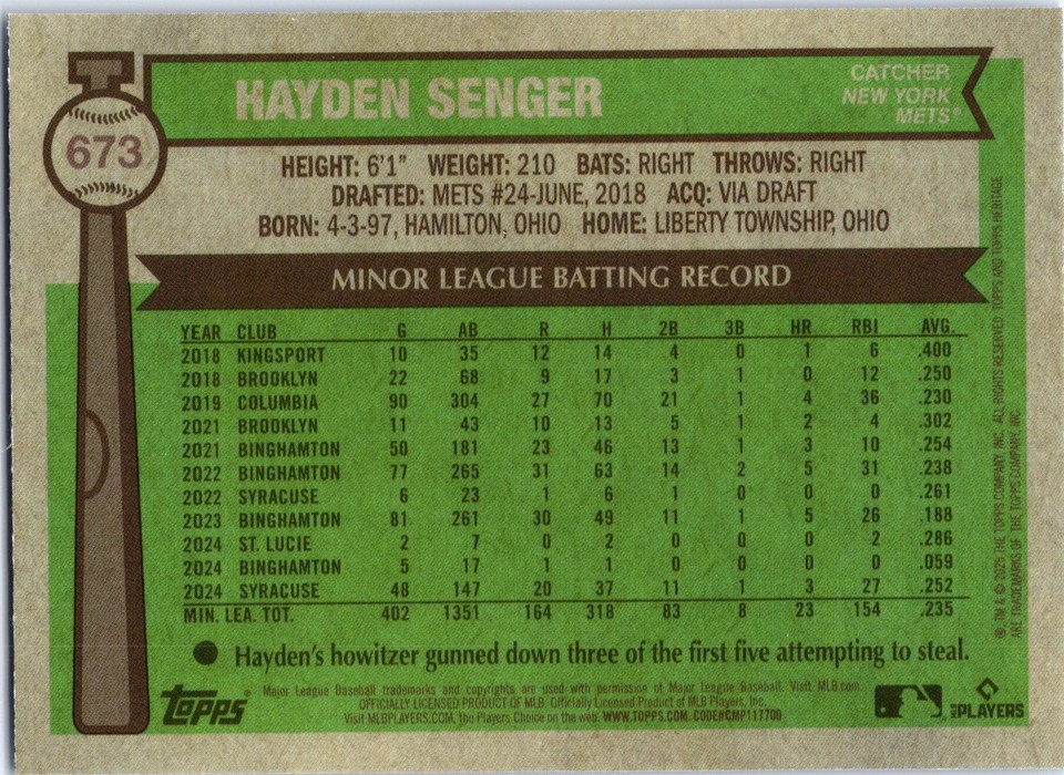 2025 Topps Heritage High Number - Hayden Senger #673 Light Blue Sparkle ...