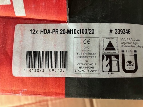 Box of (12) HIlti Undercut Anchors HDA-PR 20-M10 x 100/20 No washer or ...