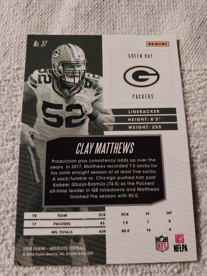 2018 CLAY MATTHEWS PANINI ABSOLUTE NFL CARD #37 USC GREEN BAY PACKERS ...