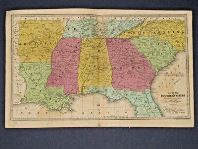 1839 HAND COLORED MAP OF THE SOUTHERN STATES, 18.5X11.5 INCHES. NOT A ...
