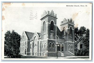 1950 Exterior View Methodist Church Building Flora Illinois IL Antique ...