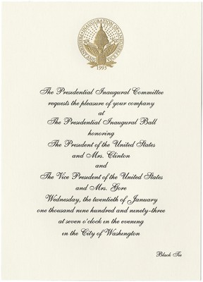 1993 Bill & Hillary Clinton Inaugural Ball Inauguration Invitation ...