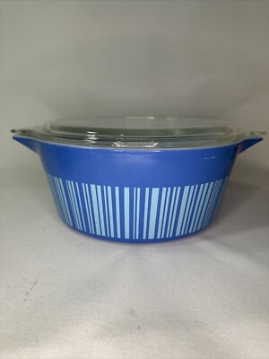 VINTAGE 1966 PYREX 475B 2 1/2 QUART BLUE STRIPES BARCODE CASSEROLE WITH ...