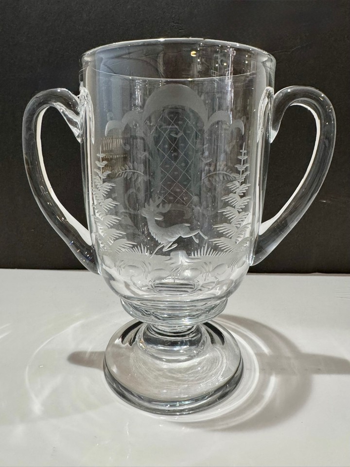 Antique Bohemian Engraved Glass Loving Cup Trophy Vase Stag Deer ...