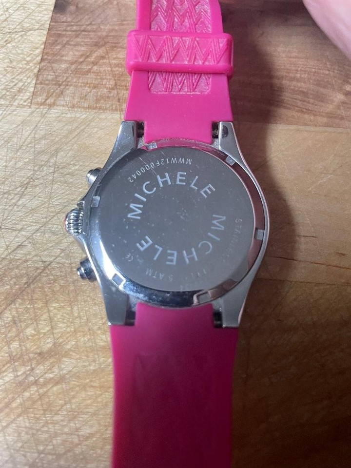 MICHELE TAHITIAN JELLY BEAN WATCH PINK & SILVER EX COND WORKS FREE ...