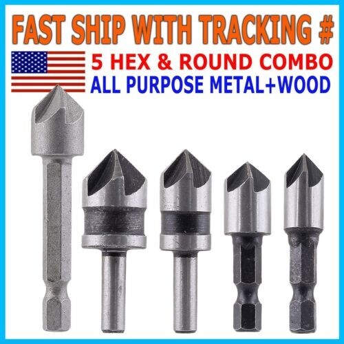 5pc Chamfer Countersink Deburring Drill Bit Set Crosshole Cutting Metal ...