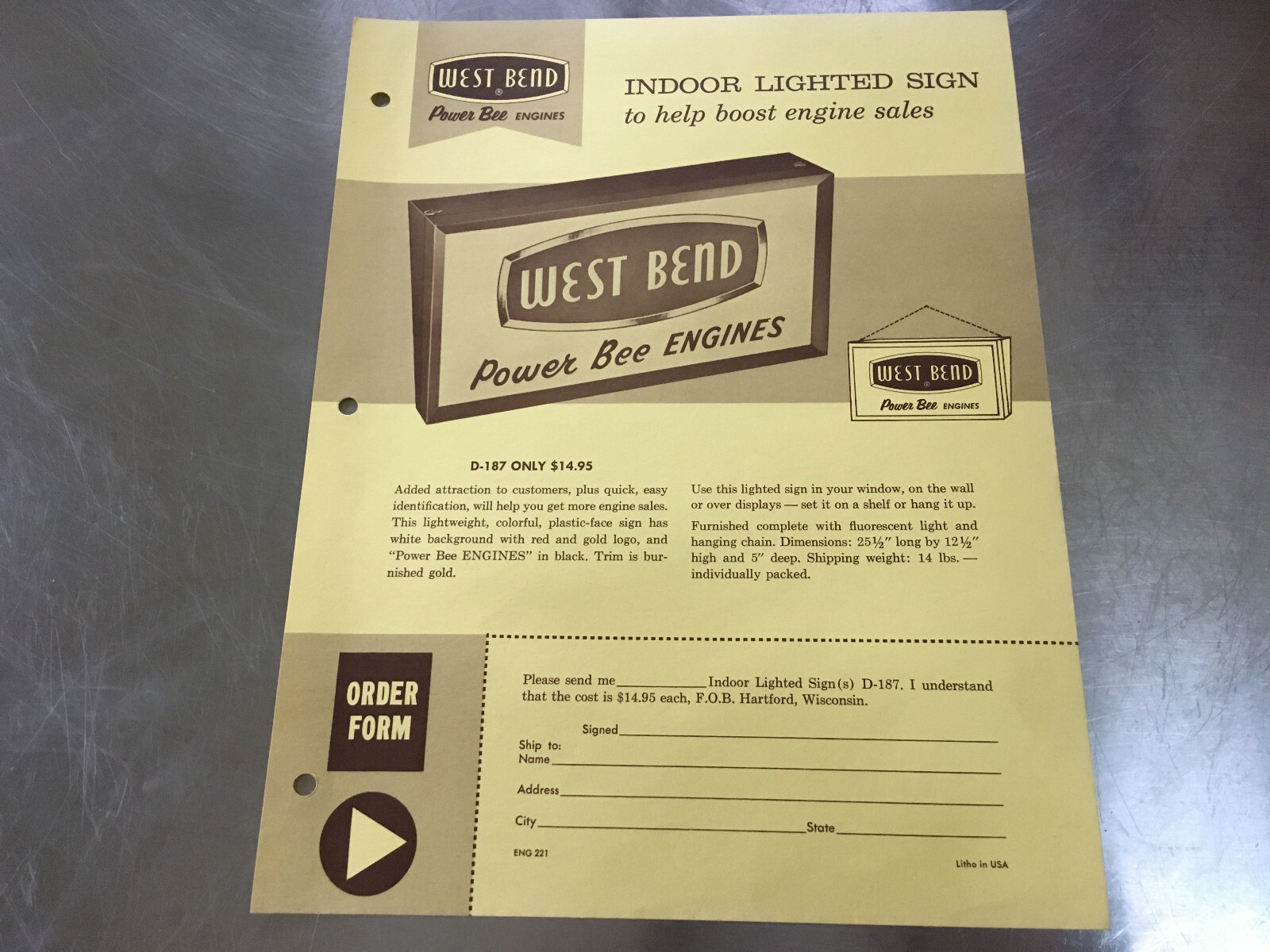 Vintage West Bend Order Form to WB dealers to sell them an indoor ...