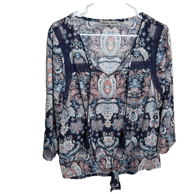 Absolutely Famous Blouse Women's Large V-Neck 3/4 Sleeve Tie Boho Shirt ...