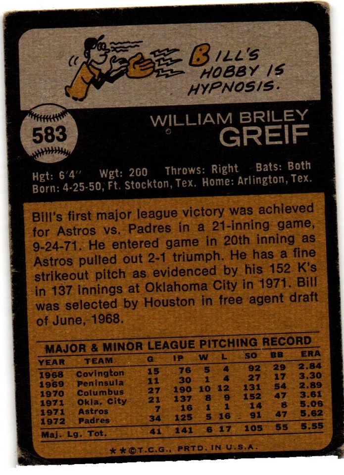 1973 Topps #583 Bill Greif San Diego Padres | eBay