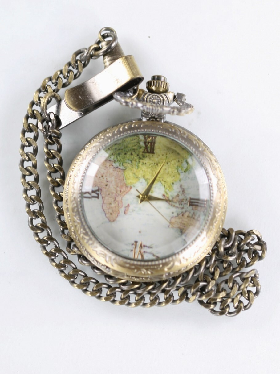 Quartz Men Pocket Watch Map Gold Stainless Steel 14 i… - Gem