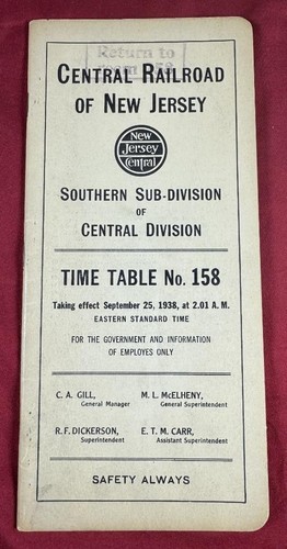 1938 Central RR of New Jersey Southern Sub-Division of Central Employee ...