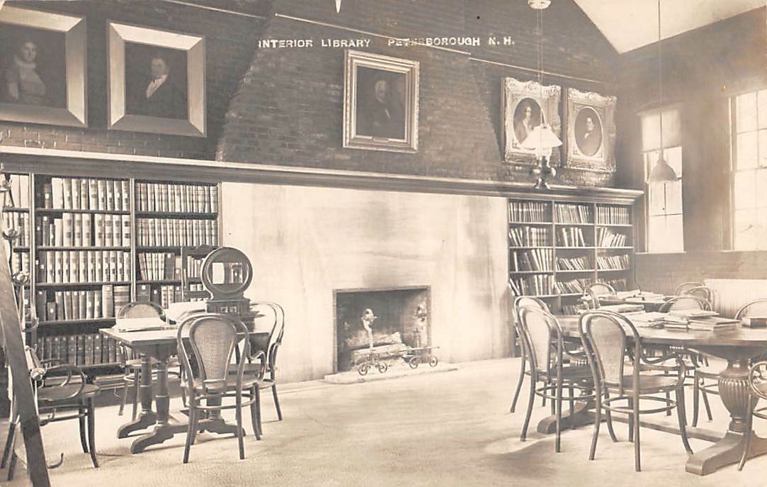 PETERBOROUGH, NH, PUBLIC LIBRARY INTERIOR, FIREPLACE, REAL PHOTO PC c ...