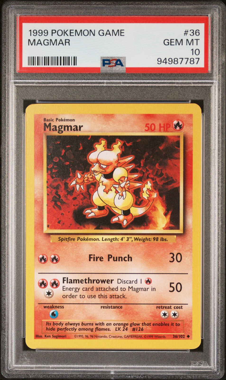 PSA 10 GEM MINT CARD BASE SET UNLIMITED 1999 POKEMON GAME 36 MAGMAR | eBay