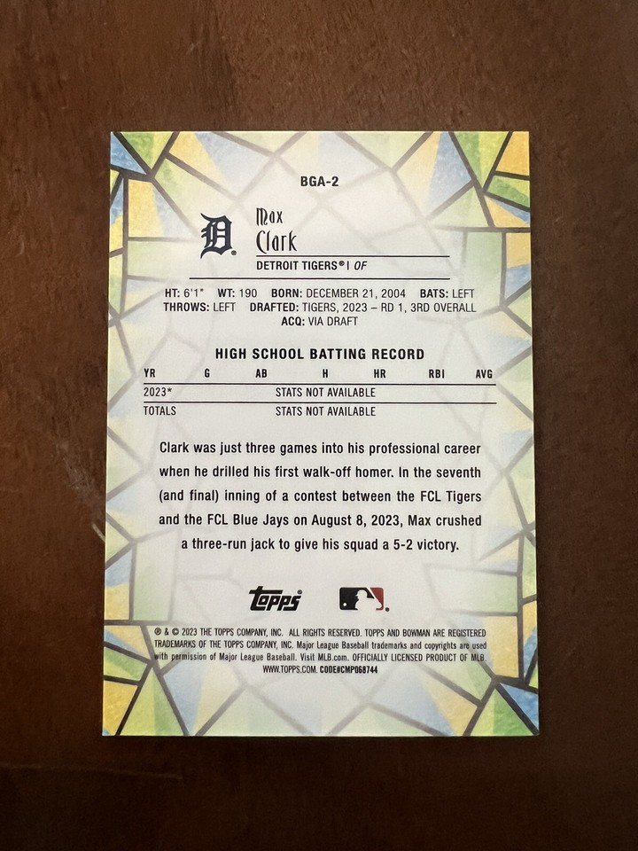 MAX CLARK 2023 Bowman Draft STAINED GLASS ROOKIE 1st Chrome SP TIGERS # ...
