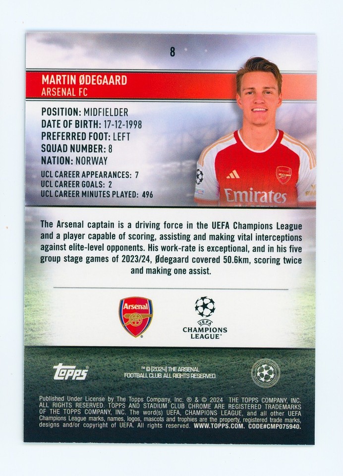 2023-24 Martin Odegaard Topps Stadium Club Chrome Gold Refractor Card ...