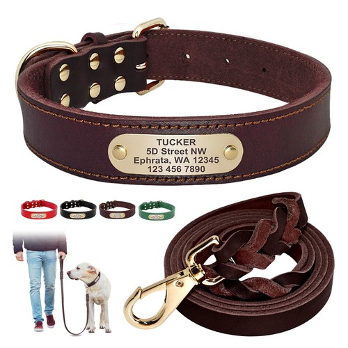 Personalized Genuine Leather Dog Collar &Leash Set Custom Pet Name ID ...
