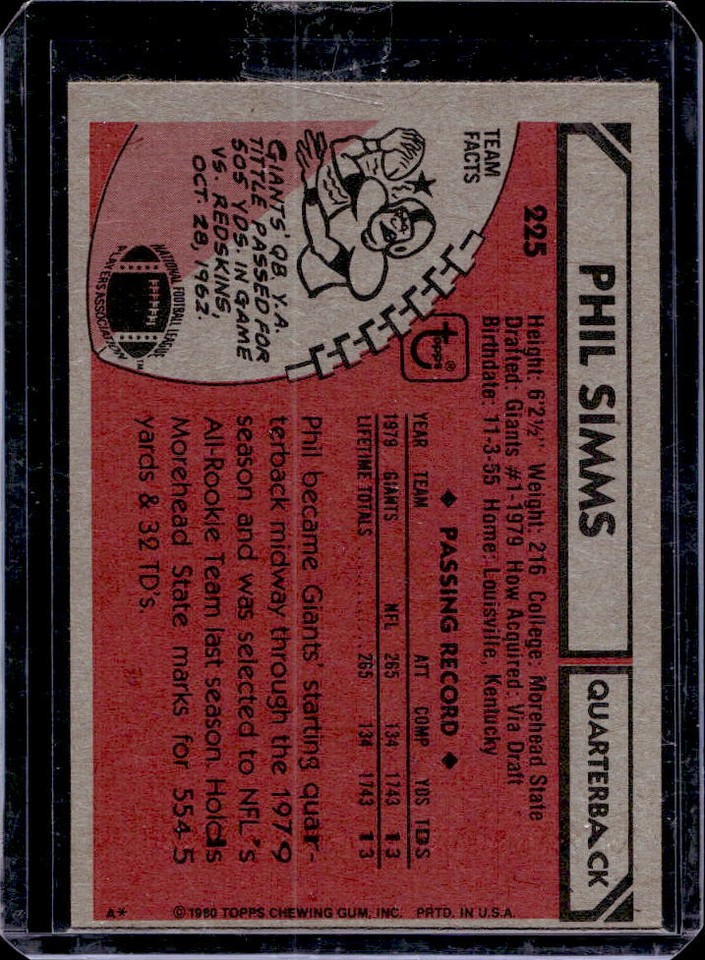 1980 Topps Phil Simms Rookie RC #225 Giants | eBay