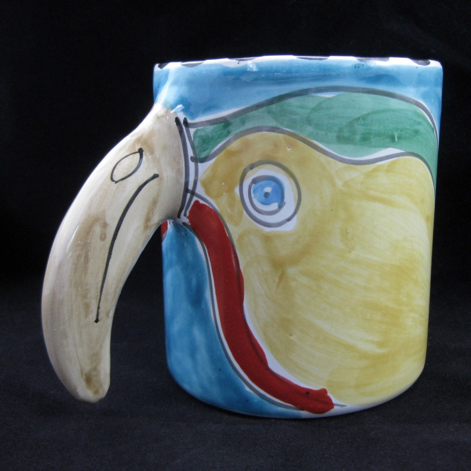Tropical Bird Large Mug Beak Handle Italian Pottery Hand Painted ...