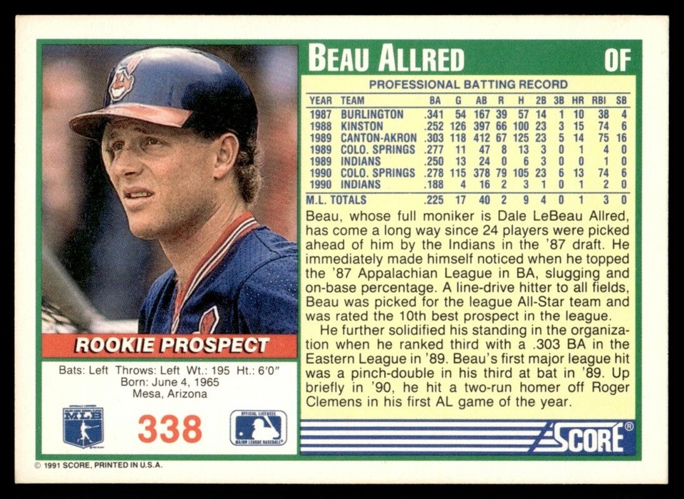 1991 Score Rookie Prospect #338 Beau Allred Cleveland Indians | eBay