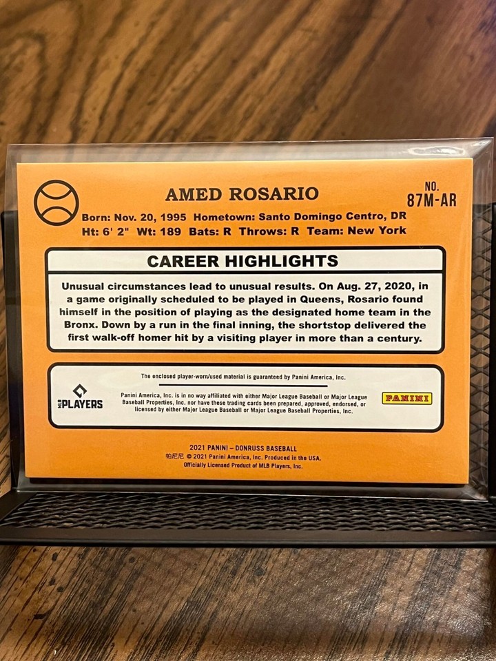 AMED ROSARIO 2021 PANINI DONRUSS "1987 RETRO" METS WORN USED JERSEY ...