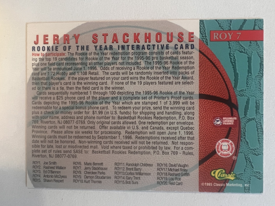 1995 Classic Rookies Jerry Stackhouse - Rookie of the Year #ROY 7 1 of ...