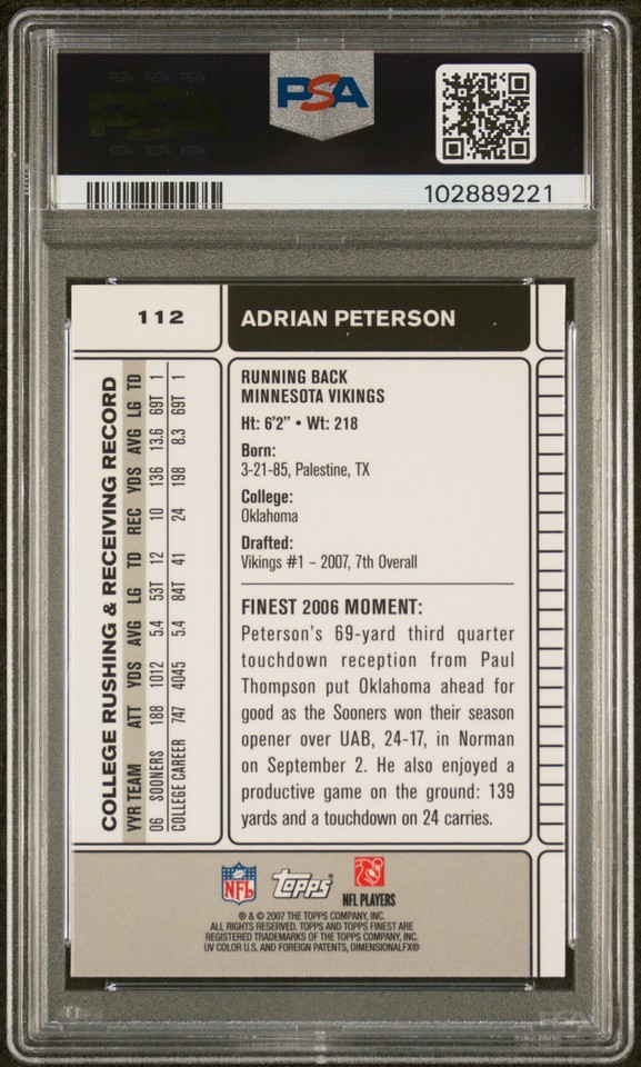 2007 TOPPS FINEST #112 ADRIAN PETERSON ROOKIE RC PSA 10 | eBay