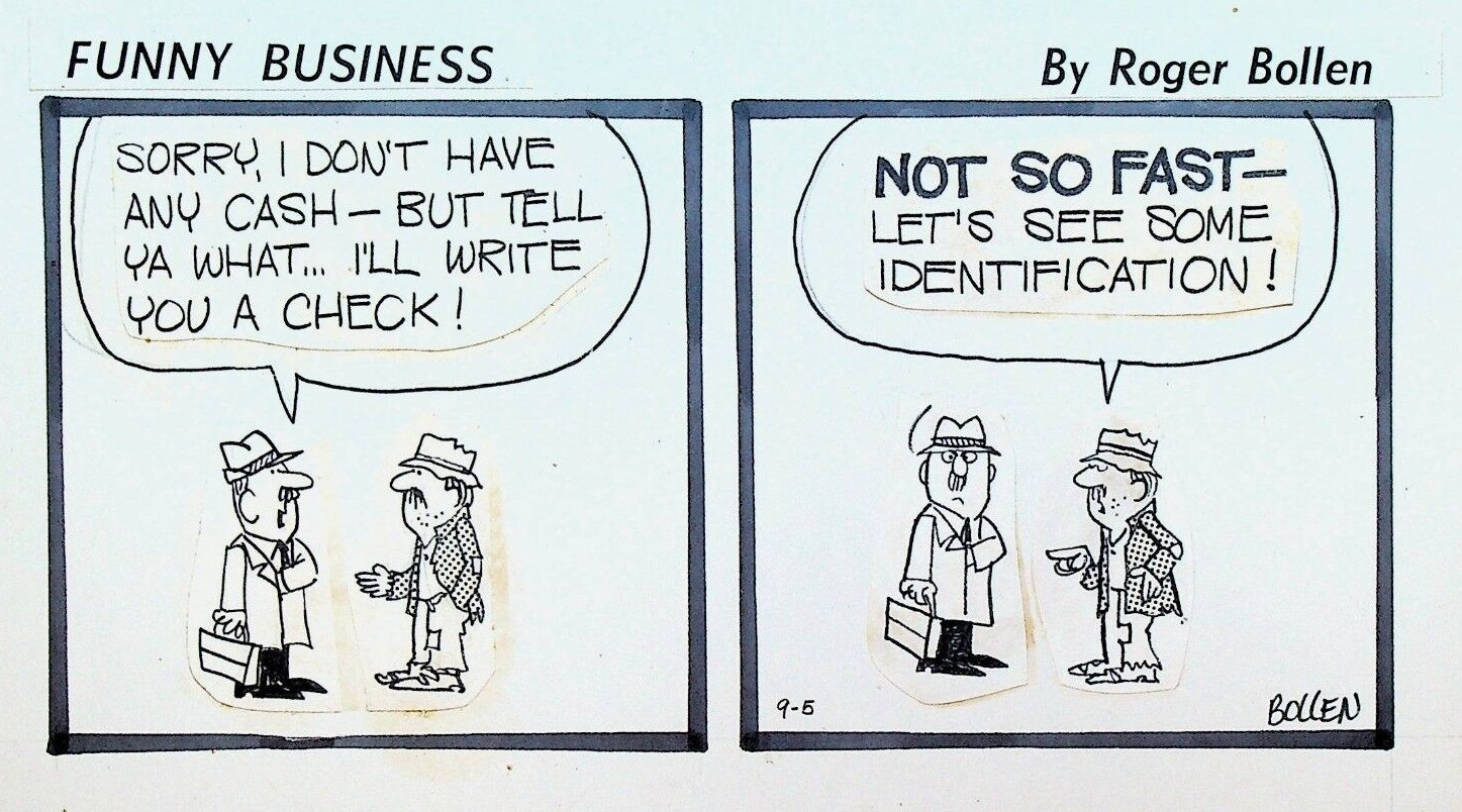 Funny Business Original Comic Strip Art Rog Bollen Businessman & Beggar ...