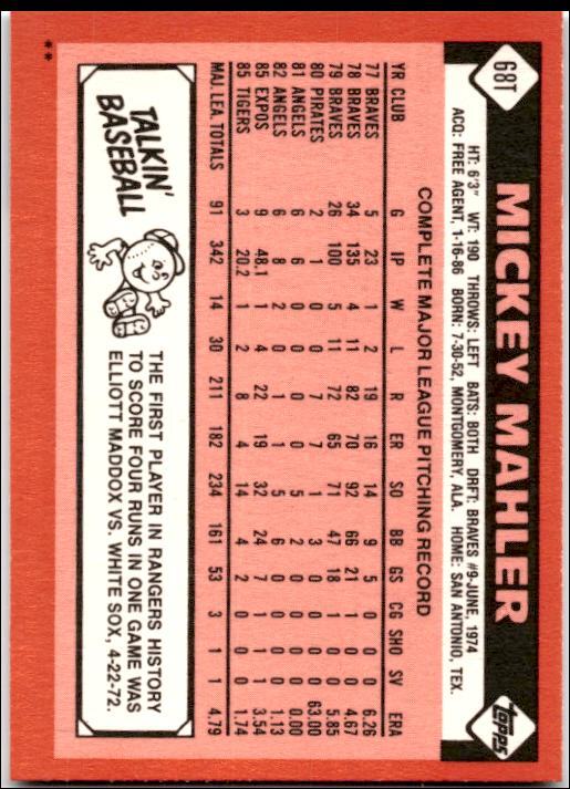 1986 Topps Traded #68T Mickey Mahler s1b2 | eBay