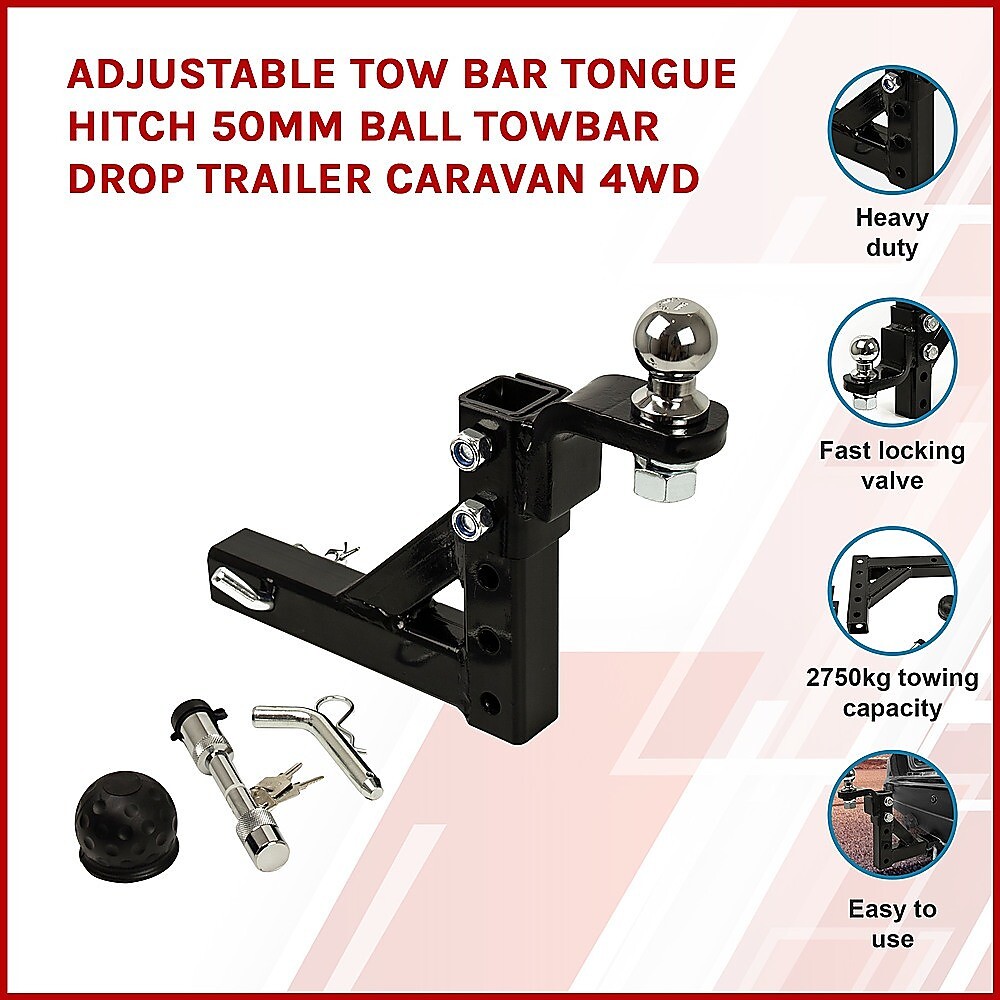Adjustable Tow Bar Tongue Hitch 50mm Ball Towbar Drop Trailer Caravan ...
