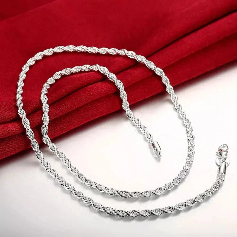 925 Sterling Silver Italian Rope Chain Men's Necklace 4mm - Diamond Cut ...