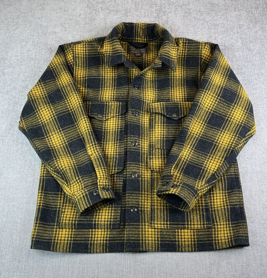 Filson Jacket Mens XL Long Black Gold Ombre Wool Plaid Mackinaw Cruiser ...